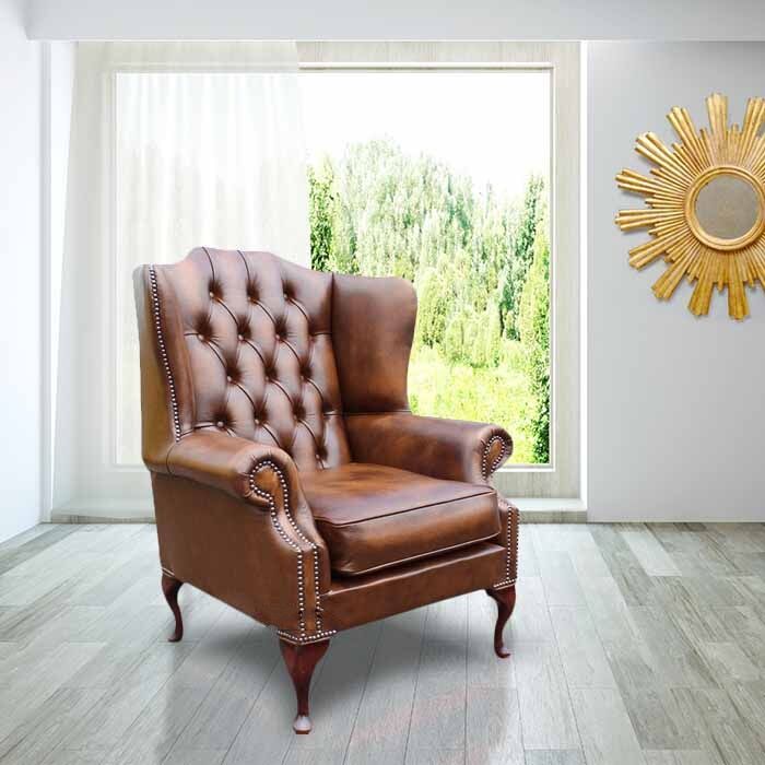 Chesterfield High Back Wing Chair Antique Tan Real Leather Bespoke In Mallory Style Chesterfield Sofas